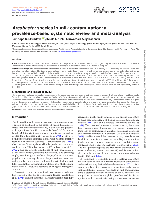 (PDF) Arcobacter species in milk contamination: a prevalence-based ...