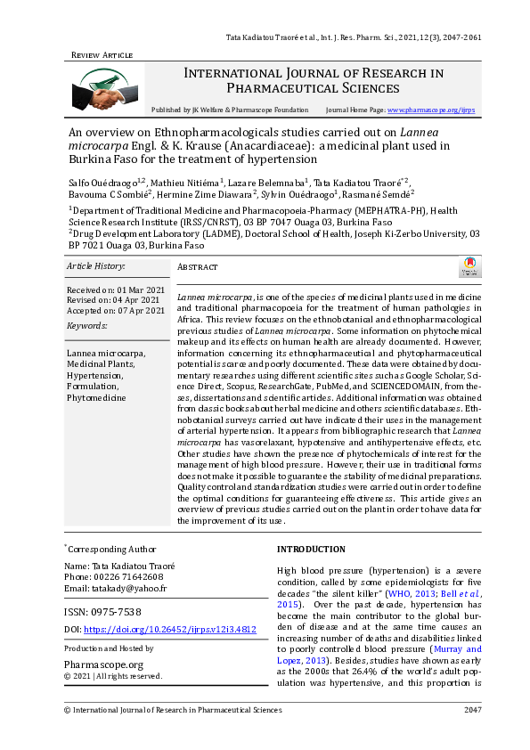 (PDF) An overview on Ethnopharmacologicals studies carried out on ...