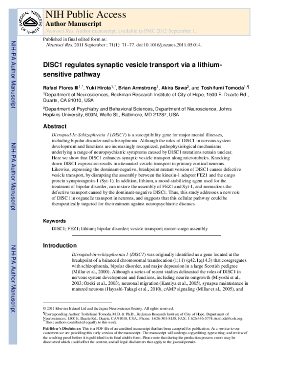 (PDF) DISC1 regulates synaptic vesicle transport via a lithium ...