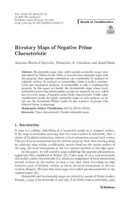 (PDF) Bi-rotary Maps of Negative Prime Characteristic