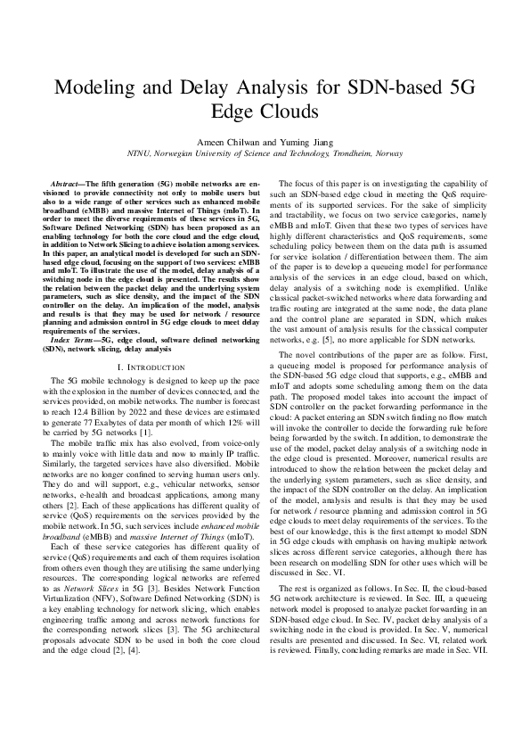 (PDF) Modeling and Delay Analysis for SDN-based 5G Edge Clouds