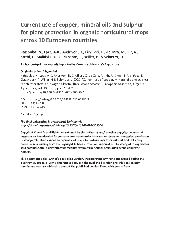 (PDF) Current use of copper, mineral oils and sulphur for plant ...