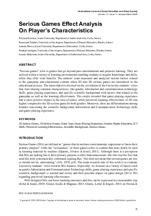(PDF) Serious Games Effect Analysis On Player's Characteristics