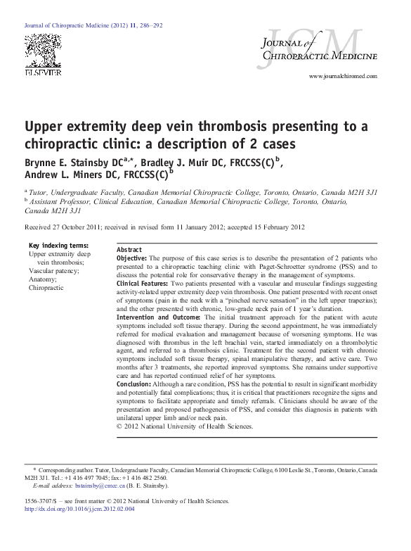(PDF) Upper extremity deep vein thrombosis presenting to a chiropractic ...