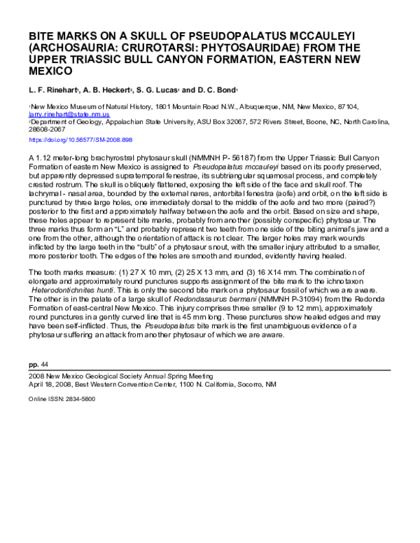 (PDF) Bite Marks on a Skull of Pseudopalatus McCauleyi (Archosauria: Crurotarsi: Phytosauridae ...