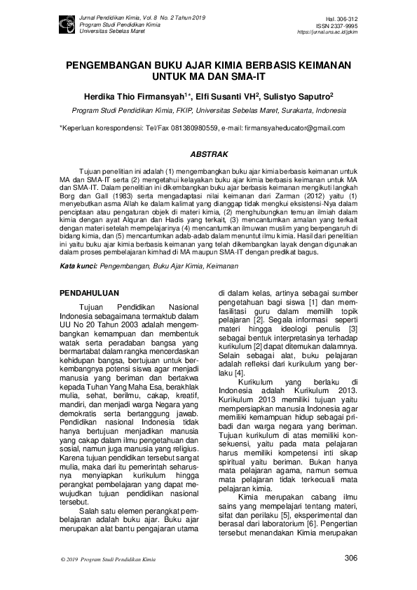 (PDF) Pengembangan Buku Ajar Kimia Berbasis Keimanan untuk MA dan SMA-IT | Elfi Susanti ...