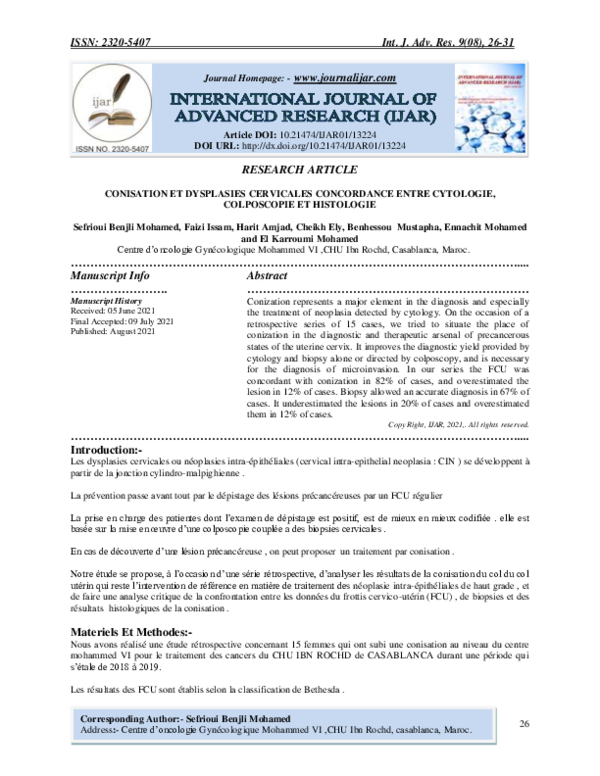 (PDF) Conisation et Dysplasies Cervicales Concordance Entre Cytologie ...