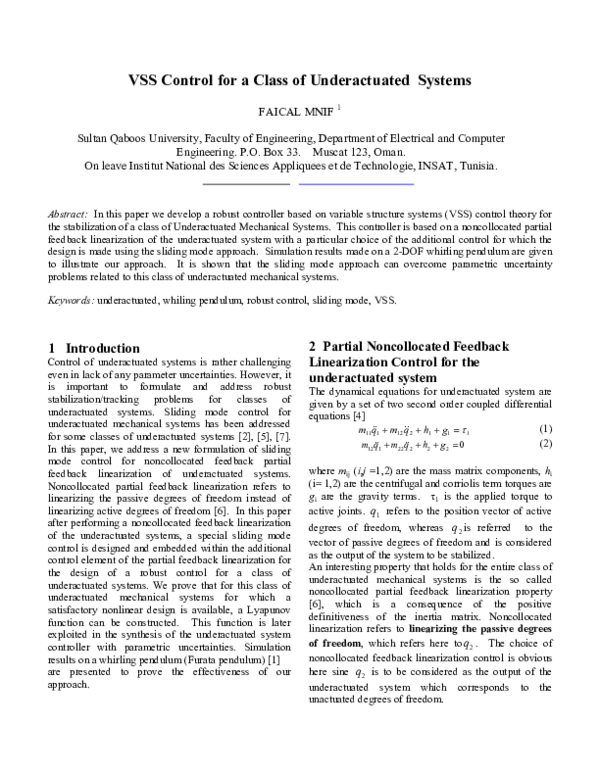 (PDF) VSS Control for a Class of Underactuated Systems