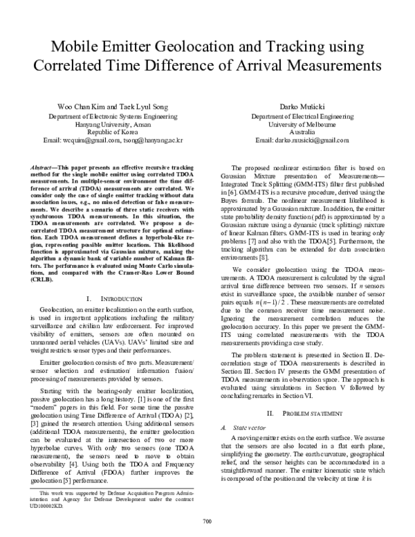 Pdf Mobile Emitter Geolocation And Tracking Using Correlated Time Difference Of Arrival