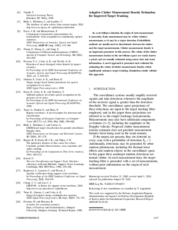 (PDF) Adaptive Clutter Measurement Density Estimation for Improved Target Tracking | Taek Song ...