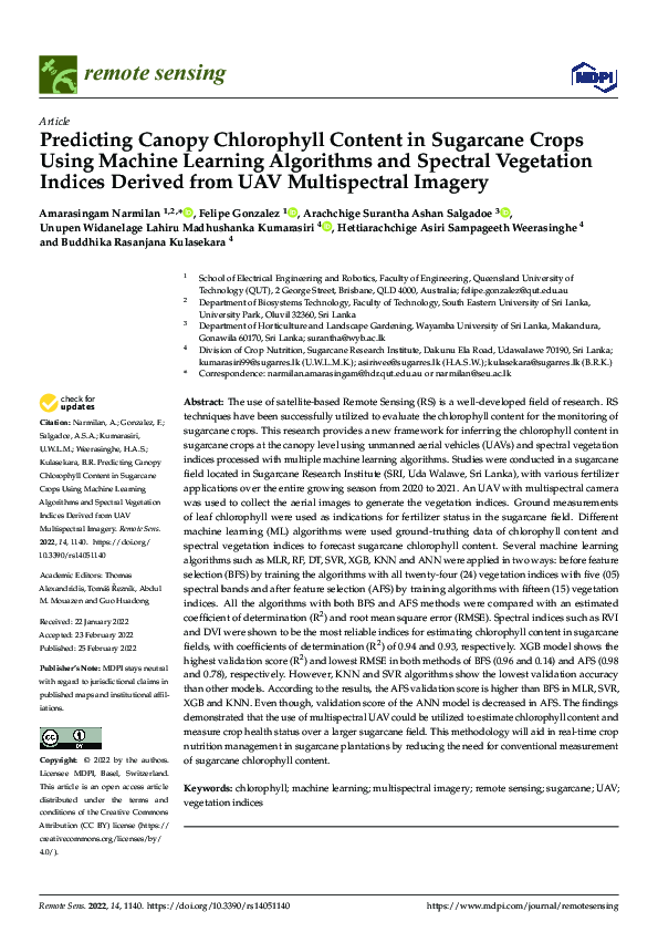 (PDF) Predicting Canopy Chlorophyll Content in Sugarcane Crops Using Machine Learning Algorithms ...