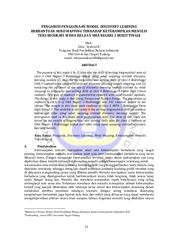 (PDF) Pengaruh Penggunaan Model Discovery Learning Berbantuan Mind Mapping Terhadap Keterampilan ...