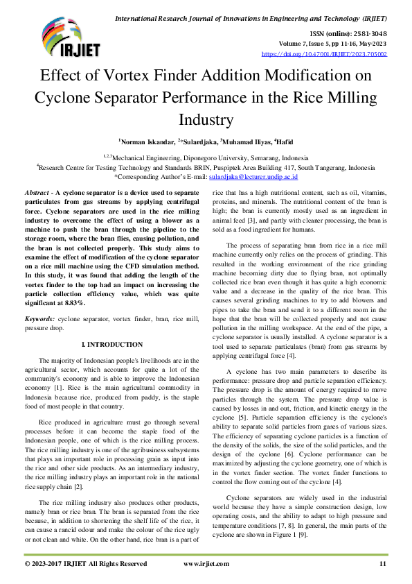 (PDF) Effect of Vortex Finder Addition Modification on Cyclone ...