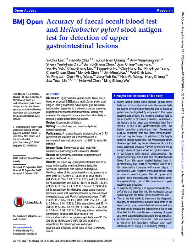 (PDF) Accuracy of faecal occult blood test and Helicobacter pylori ...