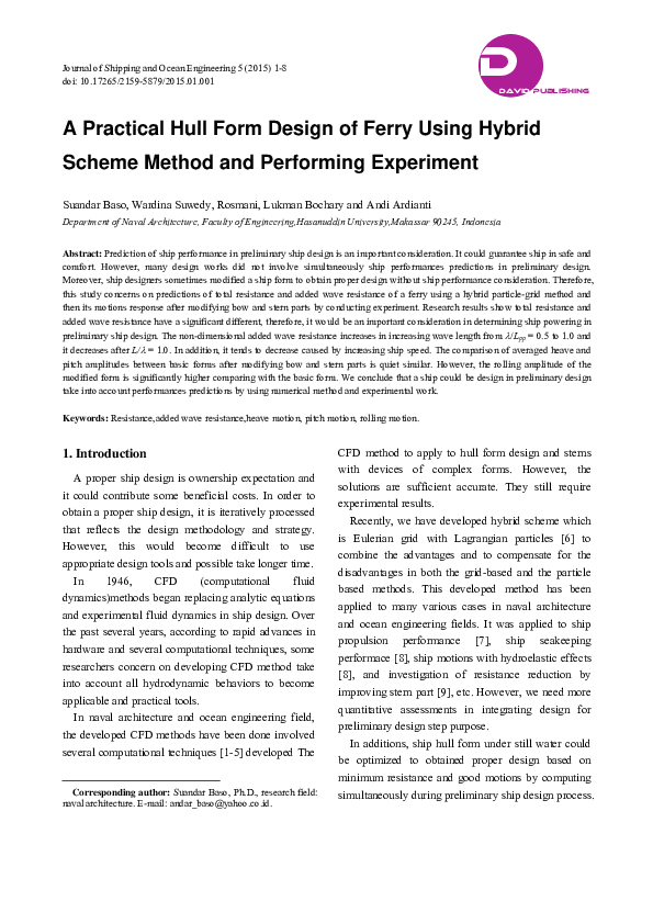 (PDF) A Practical Hull Form Design of Ferry Using Hybrid Scheme Method ...