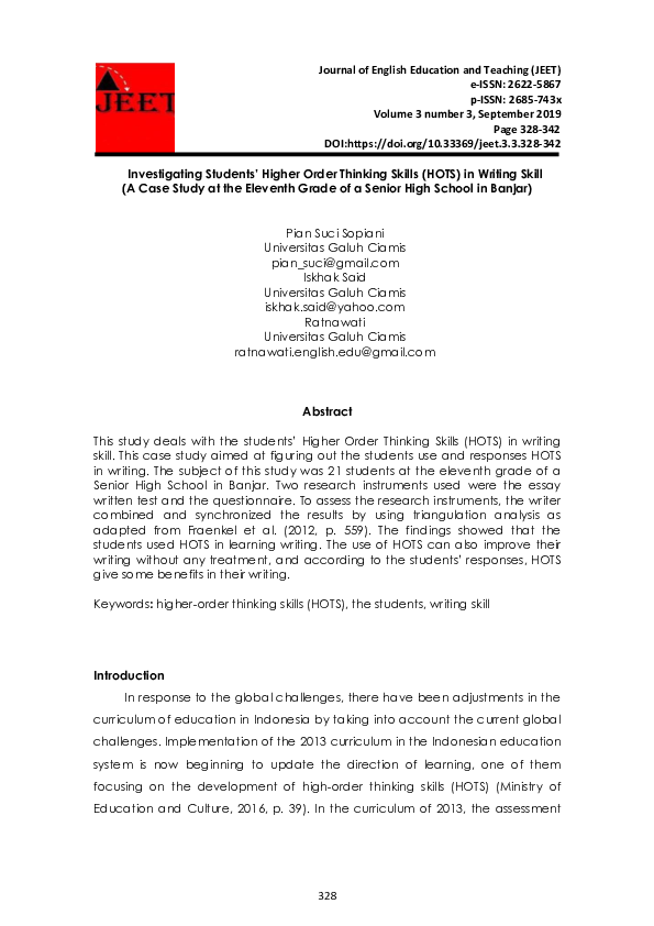(PDF) Investigating Students’ Higher Order Thinking Skills (HOTS) in ...