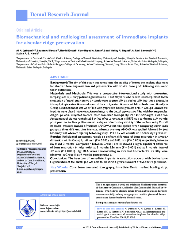 (PDF) Biomechanical and radiological assessment of immediate implants ...