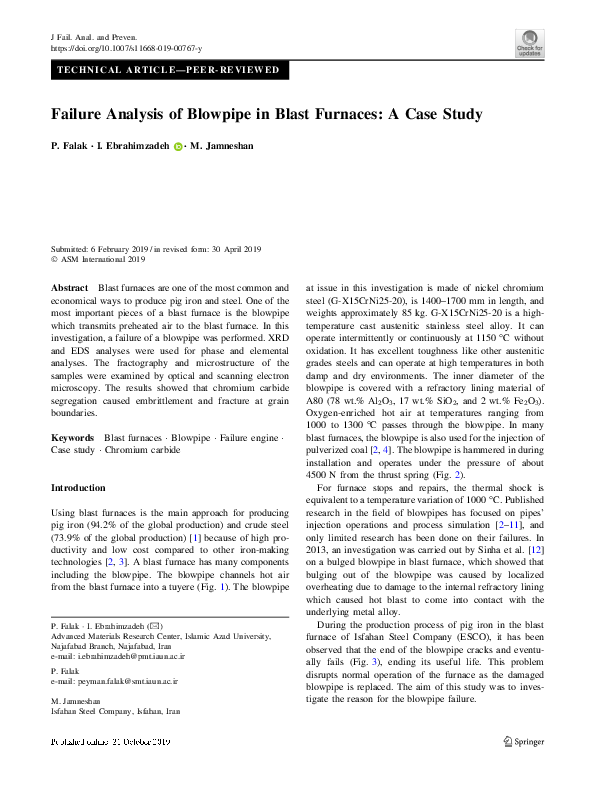 (PDF) Failure Analysis of Blowpipe in Blast Furnaces: A Case Study