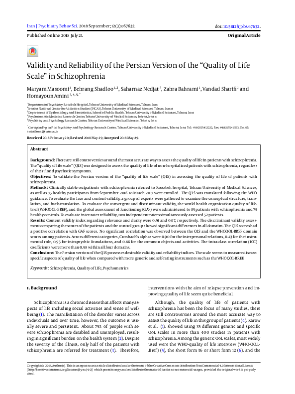 (PDF) Validity and Reliability of the Persian Version of the “Quality of Life Scale” in ...