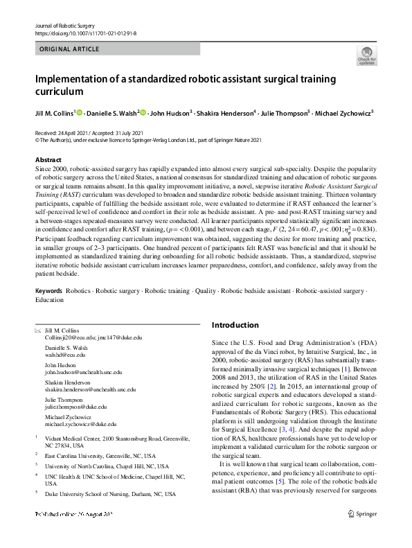 (PDF) Implementation of a standardized robotic assistant surgical ...