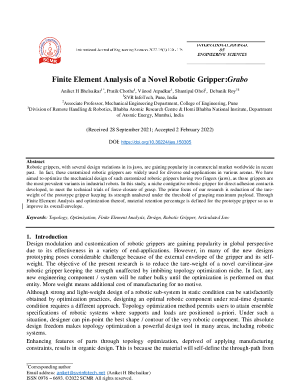 (PDF) Finite Element Analysis of a Novel Robotic Gripper:Grabo