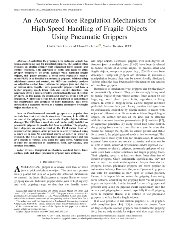 (PDF) An Accurate Force Regulation Mechanism for High-Speed Handling of Fragile Objects Using ...