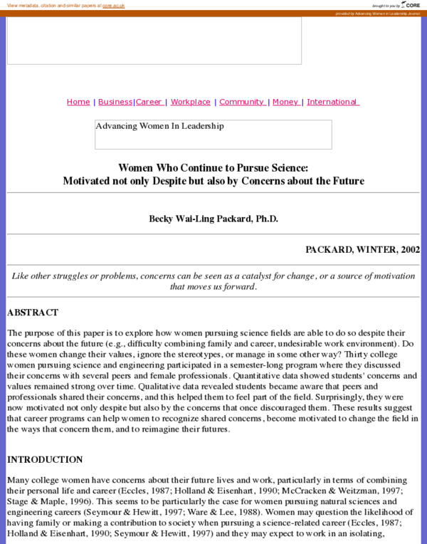 (PDF) Women Who Continue to Pursue Science: Motivated not only Despite ...