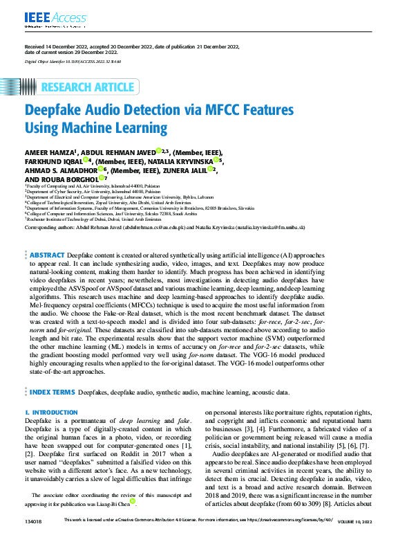 (PDF) Deepfake Audio Detection via MFCC Features Using Machine Learning