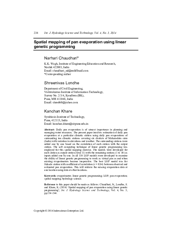Pdf Spatial Mapping Of Pan Evaporation Using Linear Genetic Programming