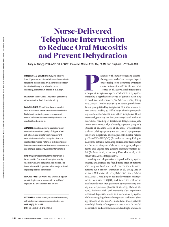 (PDF) Nurse-Delivered Telephone Intervention to Reduce Oral Mucositis and Prevent Dehydration ...