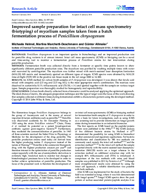 (PDF) Improved sample preparation for intact cell mass spectrometry ...