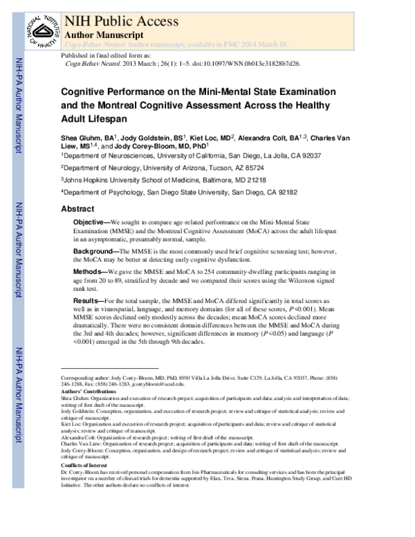 (PDF) Cognitive Performance on the Mini-Mental State Examination and ...