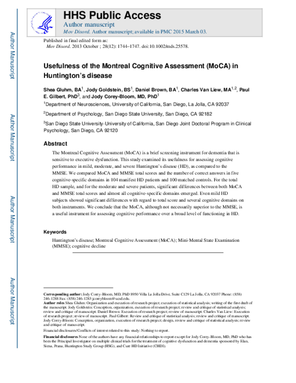 (PDF) Usefulness of the Montreal Cognitive Assessment (MoCA) in ...