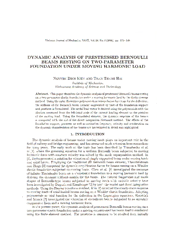 Pdf Dynamic Analysis Of Prestressed Bernoulli Beams Resting On Two Parameter Foundation Under