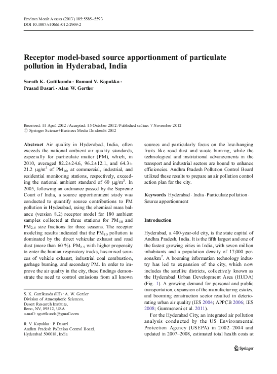 (PDF) Receptor model-based source apportionment of particulate pollution in Hyderabad, India