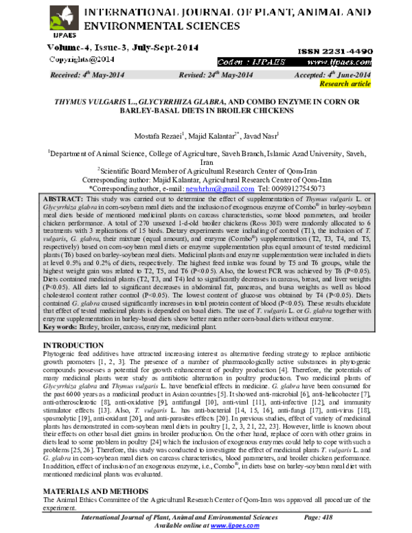 (PDF) Thymus Vulgaris L., Glycyrrhiza Glabra, and Combo Enzyme in Corn ...