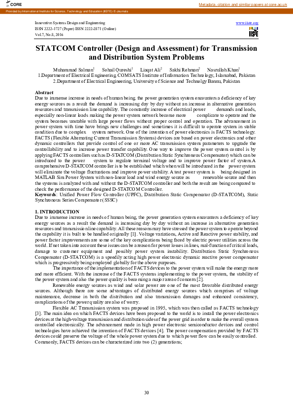 (PDF) STATCOM Controller (Design and Assessment) for Transmission and Distribution System Problems