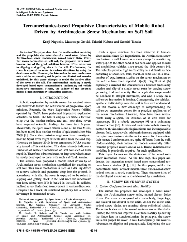 (PDF) Terramechanics-based propulsive characteristics of mobile robot driven by Archimedean ...