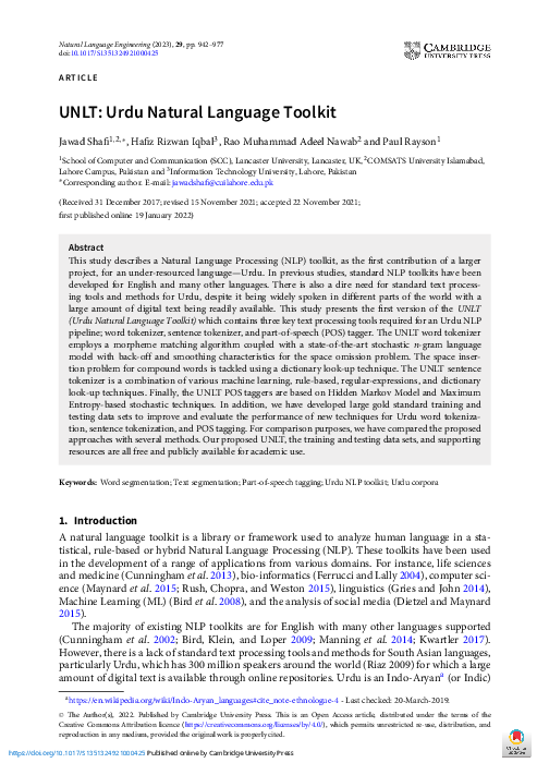 (PDF) UNLT: Urdu Natural Language Toolkit