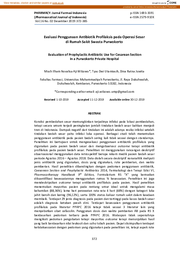 (PDF) Evaluasi Penggunaan Antibiotik Profilaksis pada Operasi Sesar di ...