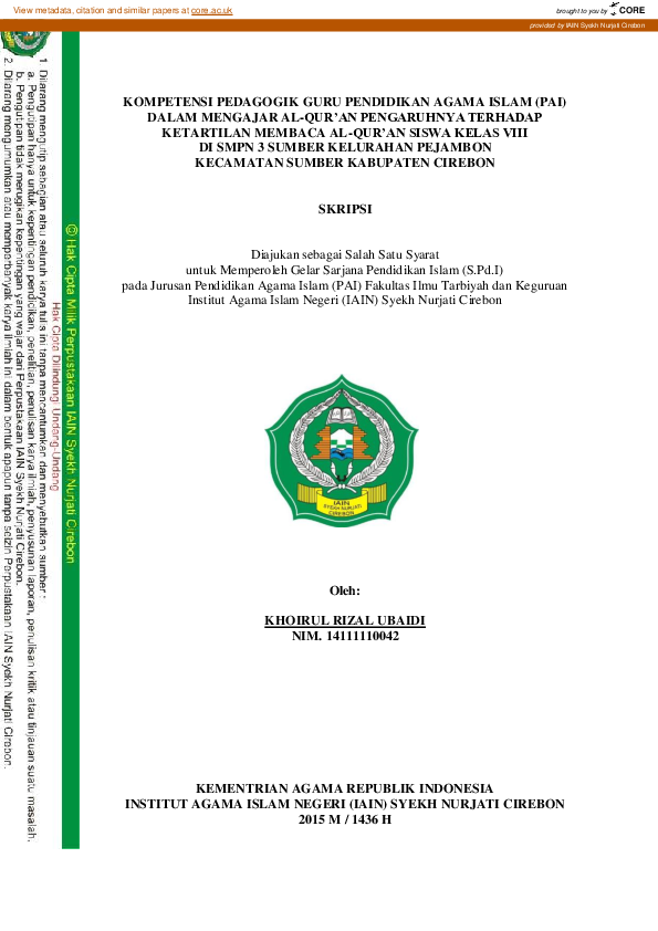 (PDF) Kompetensi Pedagogik Guru Pendidikan Agama Islam (Pai) Dalam Mengajar Al-Qur’An ...