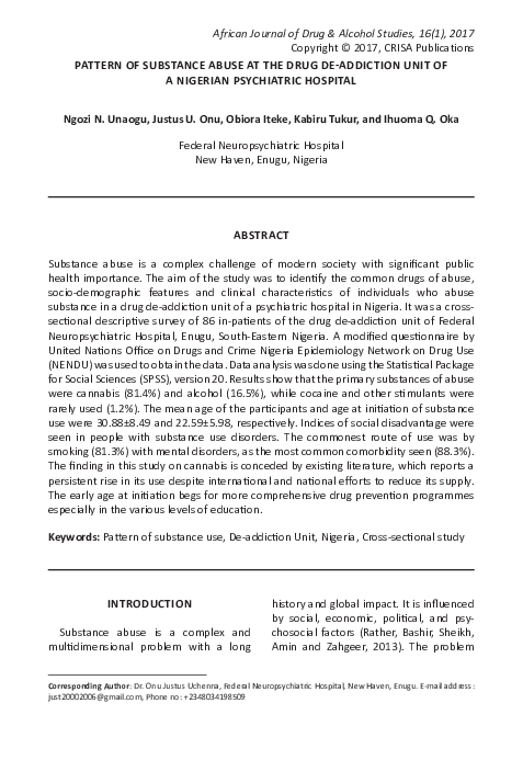 (PDF) Pattern of substance abuse at the drug de-addiction unit of a ...