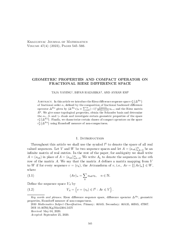 Pdf Geometric Properties And Compact Operator On Fractional Riesz Difference Space