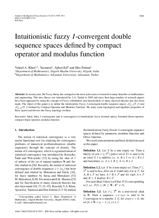 (PDF) Intuitionistic fuzzy I-convergent double sequence spaces defined by compact operator and ...