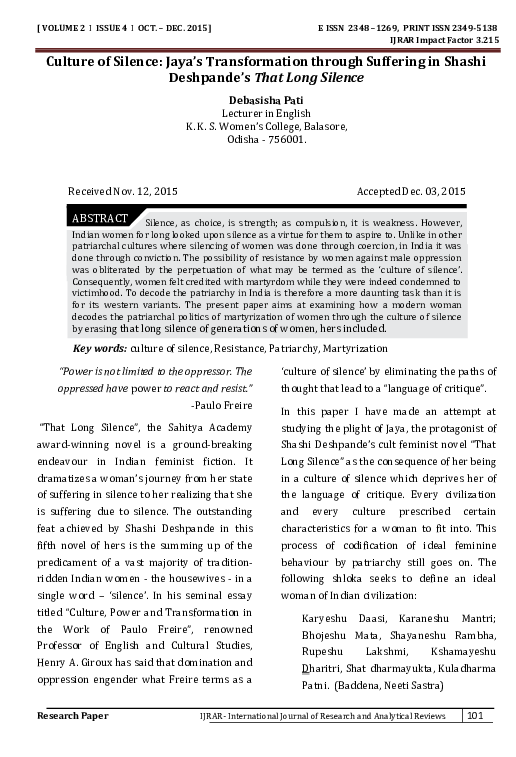 (PDF) Culture of Silence: Jaya's Transformation through Suffering in ...