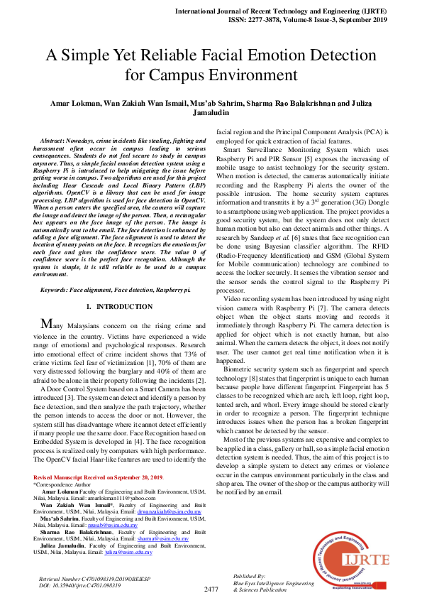 (PDF) A Simple Yet Reliable Facial Emotion Detection for Campus Environment