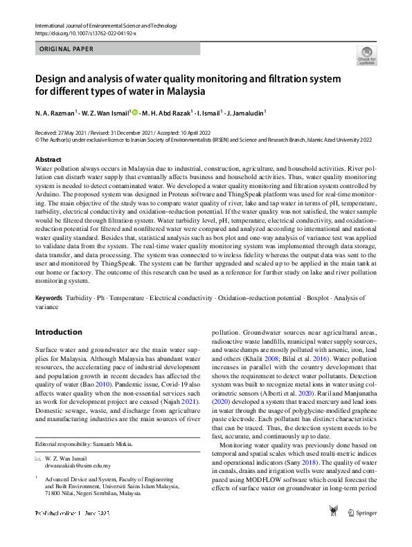 (PDF) Design and analysis of water quality monitoring and filtration ...