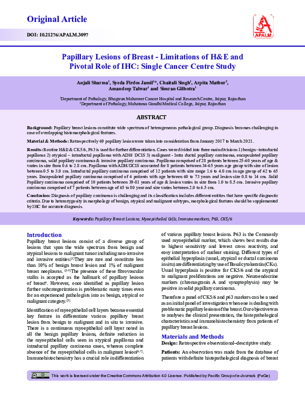 (PDF) Papillary Lesions of Breast - Limitations of H&E and Pivotal Role ...