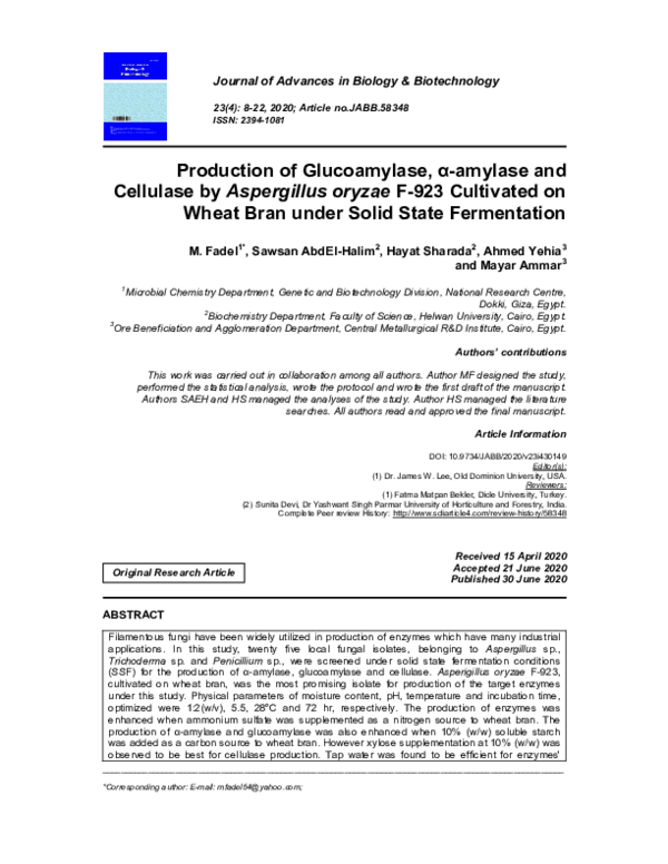 (PDF) Production of Glucoamylase, α-amylase and Cellulase by Aspergillus oryzae F-923 Cultivated ...