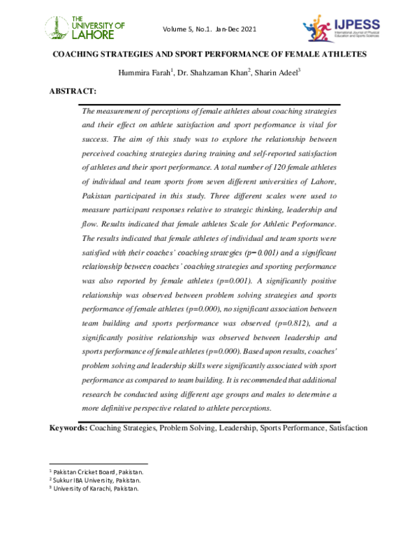 (PDF) COACHING STRATEGIES AND SPORT PERFORMANCE OF FEMALE ATHLETES